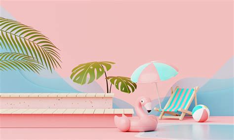 여름 방학 해변 추상적인 배경 개념 여름 핑크 테마 비치 파라솔 의자 풍선 반지가 있는 제품 모형 또는 화장품을 위한 최소한의 사실적인 디스플레이 연단 3d 렌더링 여름에