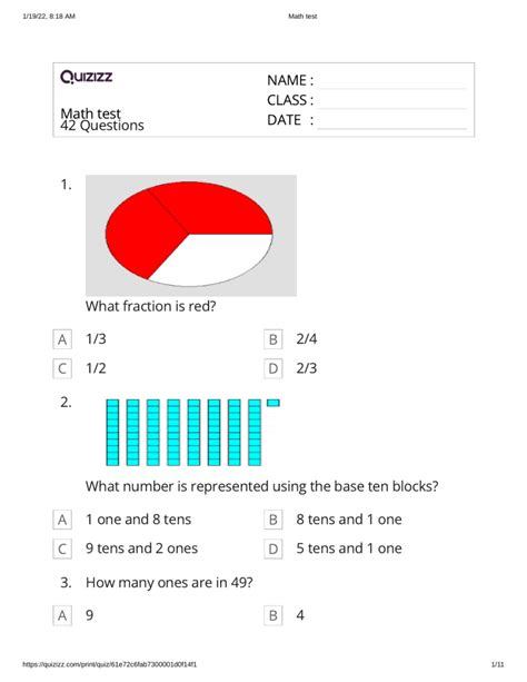 Elementary Math Test Fractions Place Value Multiplication