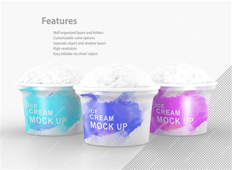 색상 컵에 아이스크림 스쿠프 흰색 배경에 격리된 질감 순대가 있는 다양한 맛 용기에 있는 현실적인 플라스틱 양동이 세트 추운 여름 디저트 3d 렌더링을 위한 모형 포장