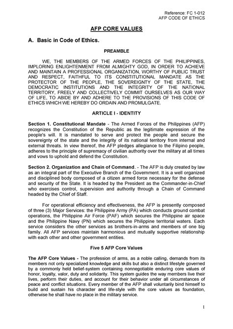 Afp Core Values This Is A Note For Lectures In The Rotc And Is Very