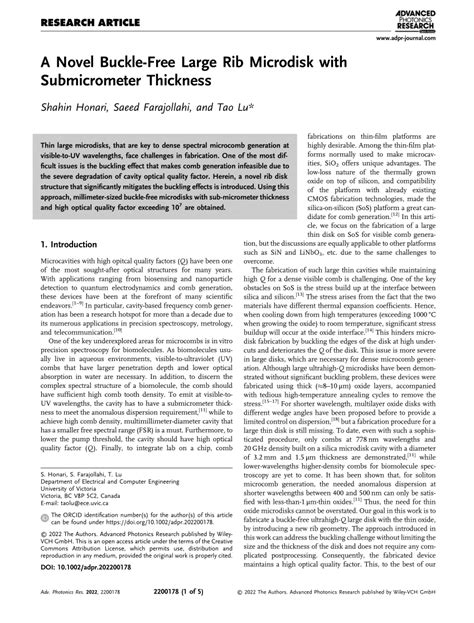Pdf A Novel Buckle‐free Large Rib Microdisk With Submicrometer Thickness