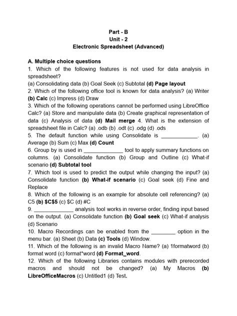 Part B Unit 2 Electronic Spreadsheet Advanced Mcqs And Qa Pdf