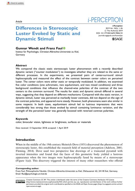 Pdf Differences In Stereoscopic Luster Evoked By Static And Dynamic Stimuli