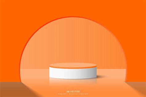 추상적인 주황색 3d 실린더 연단 받침대 또는 제품 디스플레이 스탠드는 문 반원 모양과 수직 배경이 있습니다 화장품 디스플레이 광고 모형 진열장을 위한 최소한의 장면 3차원