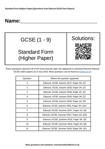 Standard Form Higher Gcse Maths Past Paper Questions Teaching Resources