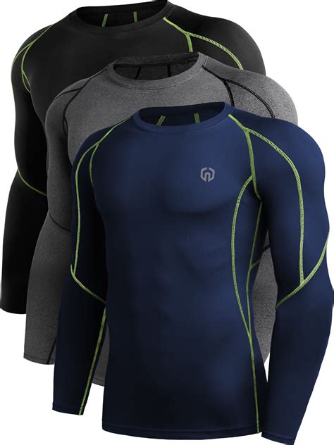 Neleus Mens Dry Fit Compression Shirts Long Sleeve Workout Running Tops 3 Pack Black Green