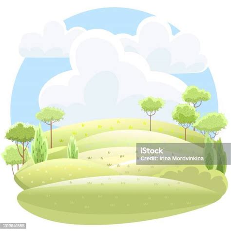 시골 의 아름다운 풍경 만화 스타일 구름 잔디와 숲 나무 언덕 무성한 초원 시원한 로맨틱 한 아름다움 플랫 디자인 일러스트레이션 벡터 아트 0명에 대한 스톡 벡터 아트 및