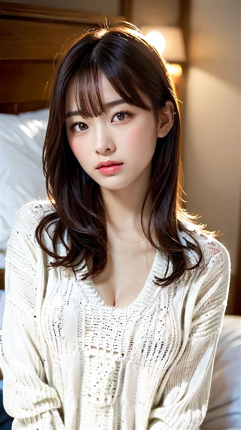 Araffe Asian Woman Sitting On A Bed With A White Sweater Seaart Ai