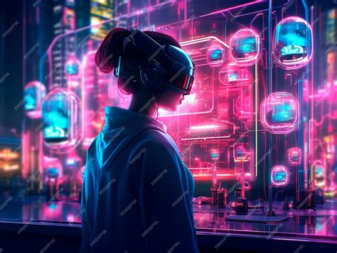 미래주의적 인 기술 과 밝은 네온 불 을 가진 사이버 크 일러스트레이션 Ai 생성 이미지