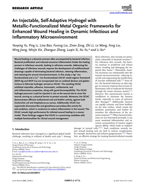 An Injectable Self‐adaptive Hydrogel With Metallic‐functionalized Metal Organic Frameworks For