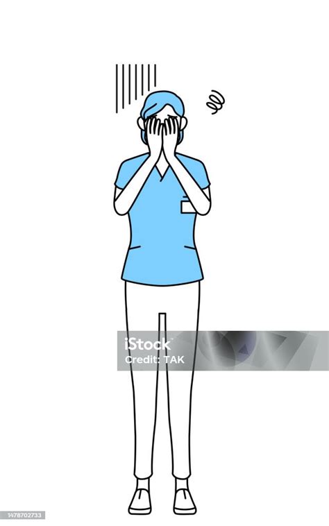 중년 수석 여성 간호사 물리 치료사 작업 치료사 언어 치료사 우울증에 얼굴을 가리는 유니폼을 입은 간호 조수 가린 얼굴에 대한 스톡 벡터 아트 및 기타 이미지 Istock