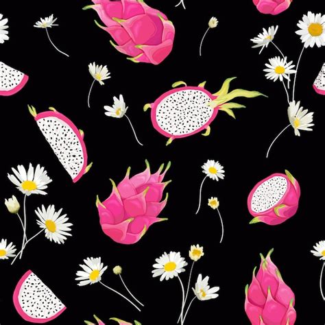 용 과일과 데이지 꽃 Pitaya 배경으로 완벽 한 패턴입니다 여름 낭만적인 표지 열대 벽지 빈티지 질감을 위한 수채화 스타일의 손으로 그린 벡터 그림 프리미엄 벡터