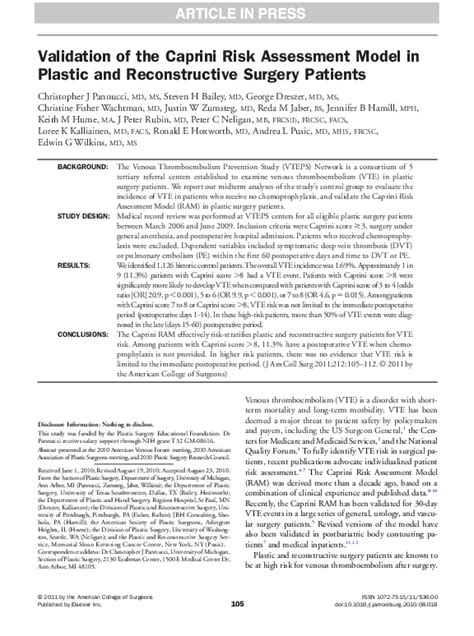 Pdf Validation Of The Caprini Risk Assessment Model In Plastic And