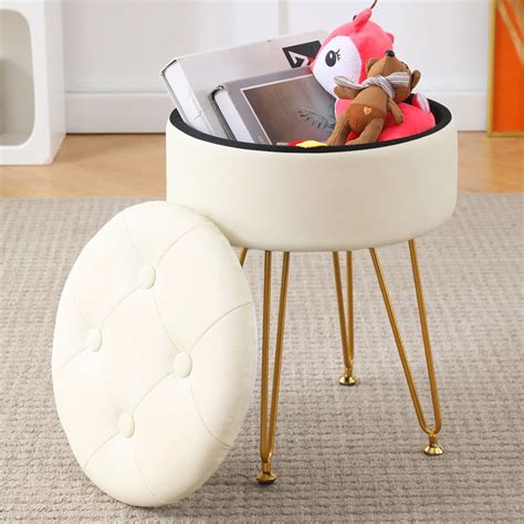 Storage Ottoman Oil Wax Faux Leather Round Footrest Stool