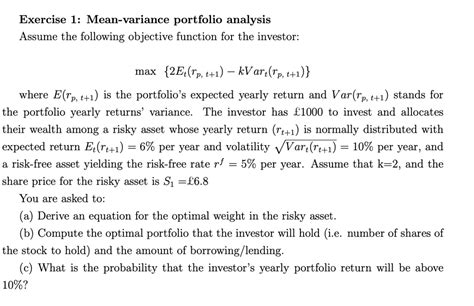 Exercise 1 Mean Variance Portfolio Analysis Assume The Following Objective Function For The
