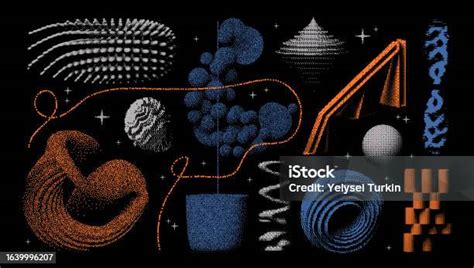 추상적인 기하학적 요소 디더링 하프톤 Stipplism 효과가 있는 범용 3d 비트맵 모양 미니멀리즘 스타일 포스터 배너 명함 옷 그래픽 검은색 배경에 격리 1990