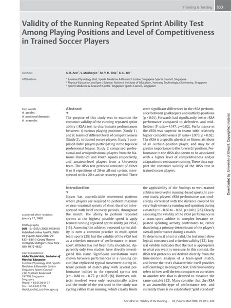 Aziz2008 Validity Of The Running Repeated Sprint Ability Test Among Playing Positions And Level