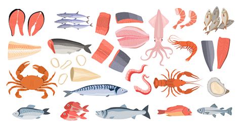해산물 세트 물 생활 물고기 굴 레스토랑 조개 수산물 최근 벡터 해산물 사진 평면도 갑각류에 대한 스톡 벡터 아트 및 기타