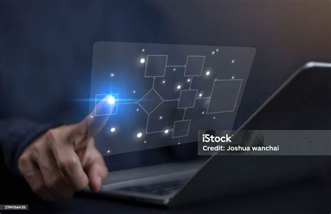 워크플로우 기반 작업은 비즈니스로서 흐름 기반 프로세스를 사용하며 기술 및 디지털 개념을 사용하여 사무 문서용 인포그래픽을 디자인합니다 3차원 형태에 대한 스톡 사진 및