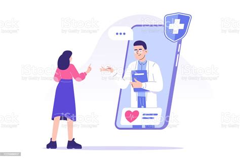 온라인 의사 개념 스마트폰을 통해 환자에게 조언을 주는 전문 남성 의사 원격 의료 및 온라인 의료 의사에게 화상 통화 텔레헬스 현대 절연 벡터 일러스트레이션 의사에 대한