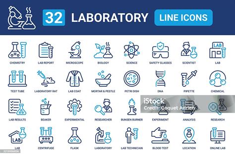 실험실 아이콘이 설정되었습니다 실험 및 화학 개요 벡터 아이콘 모음입니다 과학 실험에 대한 스톡 벡터 아트 및 기타 이미지 과학 실험 선 아이콘 비커 Istock
