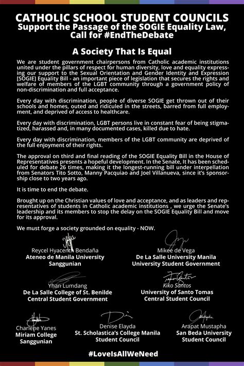 Csc President Signs Statement In Support Of Sogie Bill The Varsitarian