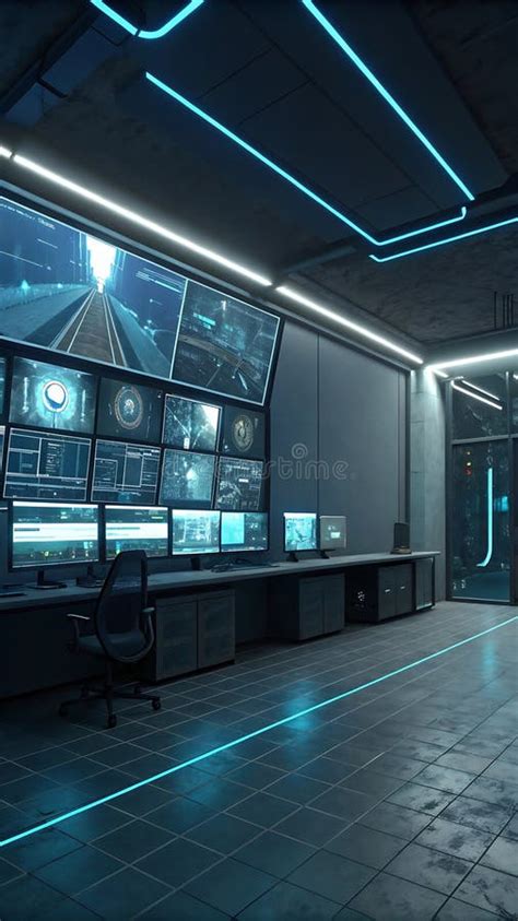 Modern Control Room With Multiple Screens And Neon Lighting Displaying