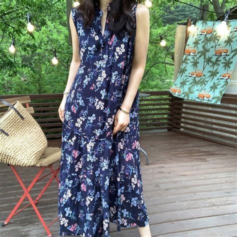 네모엔룩 여름 민소매 썸머 바캉스룩 루즈핏 2단프릴 플라워 나염롱 원피스p300494988