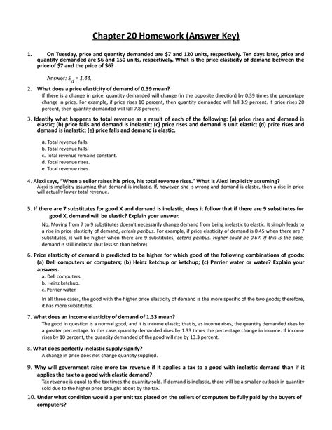 Ch HW Answer Key Chapter Homework Answer Key On Tuesday Price And Quantity