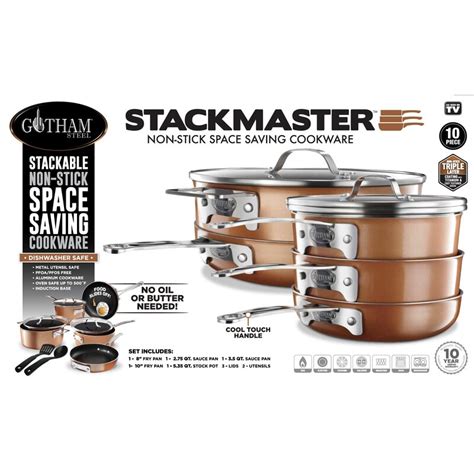 Gotham Steel Stackable Space Saving 10 Piece Aluminum Nonstick Cookware Set With Utensils
