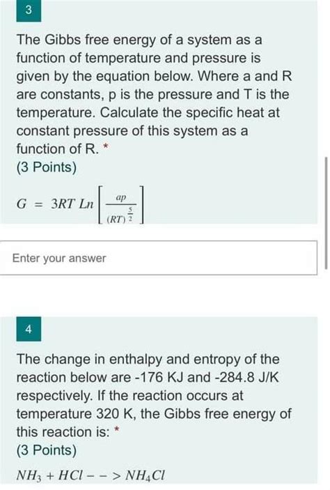 Solved The Gibbs Free Energy Of A System As A Function Of Chegg