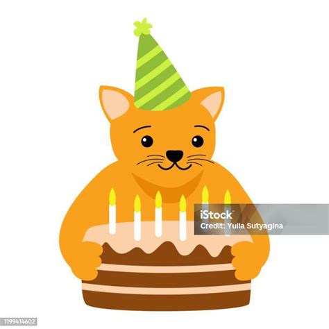 생일 카드 고양이와 케이크 머리에 모자를 가진 생강 고양이를 기쁘게 생각합니다 흰색 배경에 벡터 그림입니다 0명에 대한 스톡