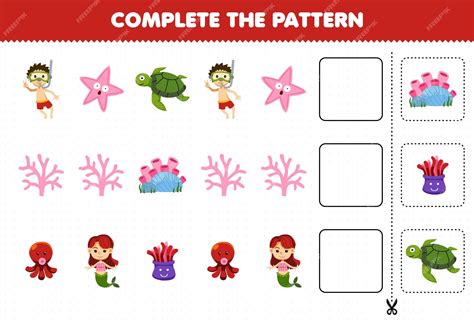 아이들을 위한 교육 게임은 귀여운 만화 다이버 불가사리 거북이 산호 문어 인어 아네모네 워크시트에서 각 행의 패턴을 자르고
