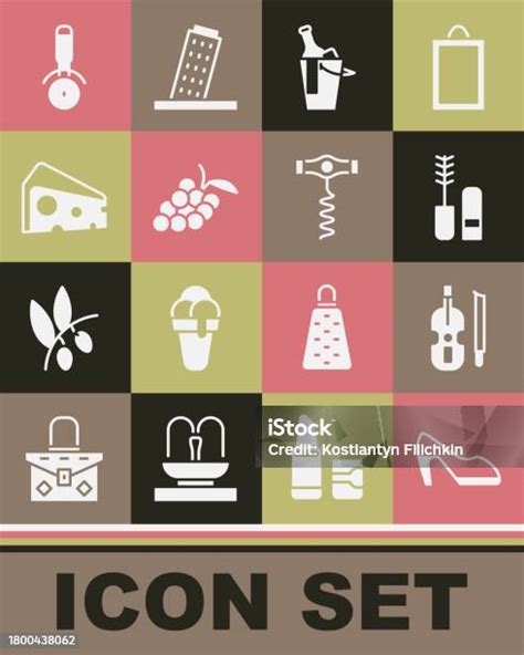 세트 여자 신발 바이올린 마스카라 브러쉬 와인 양동이의 병 포도 과일 치즈 피자 나이프 와인 코르크 마개 아이콘 벡터 0명에 대한 스톡 벡터 아트 및 기타 이미지 Istock
