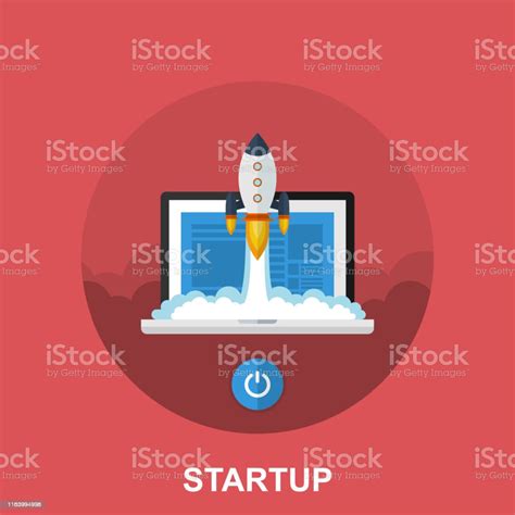 스타트업 비즈니스 컨셉 로켓십을 가진 노트북의 플랫 벡터 그림 Launch Party에 대한 스톡 벡터 아트 및 기타 이미지