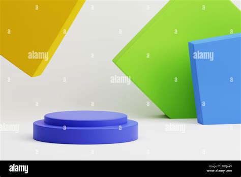3d render blue cylinder display podium with rotated square shaped
