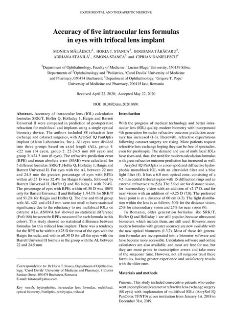 PDF Accuracy Of Five Intraocular Lens Formulas In Eyes With Trifocal Lens Implant
