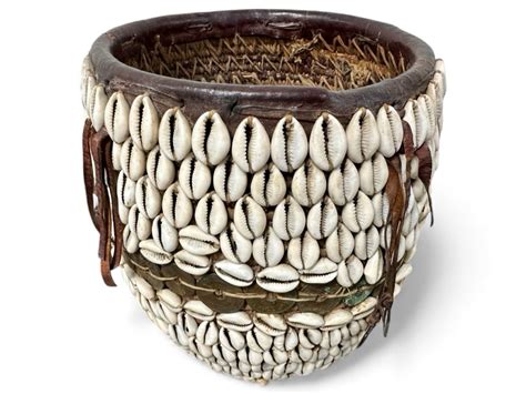 Vintage Handmade African Cowrie Shell Leather Woven Basket 85w X 8h