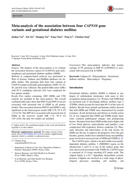 Meta Analysis Of The Association Between Four Capn10 Gene Variants And