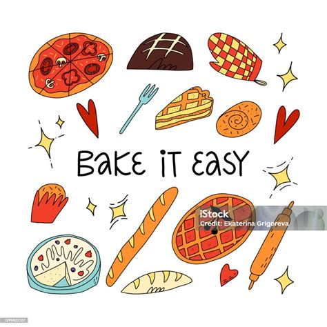 귀여운 낙서 다양 한 전통적인 미국 이탈리아어 프랑스 및 다른 빵집과 과자 세트 치즈케이크 파이 머핀 롤링 핀 오븐 장갑 포크 빵 바게트 쉽게 글자를 구워줍니다 개체 그룹에