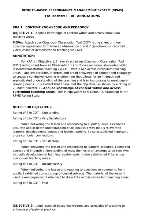 2021 Sample Annotation FOR Teacher I III RESULTS BASED PERFORMANCE MANAGEMENT SYSTEM RPMS