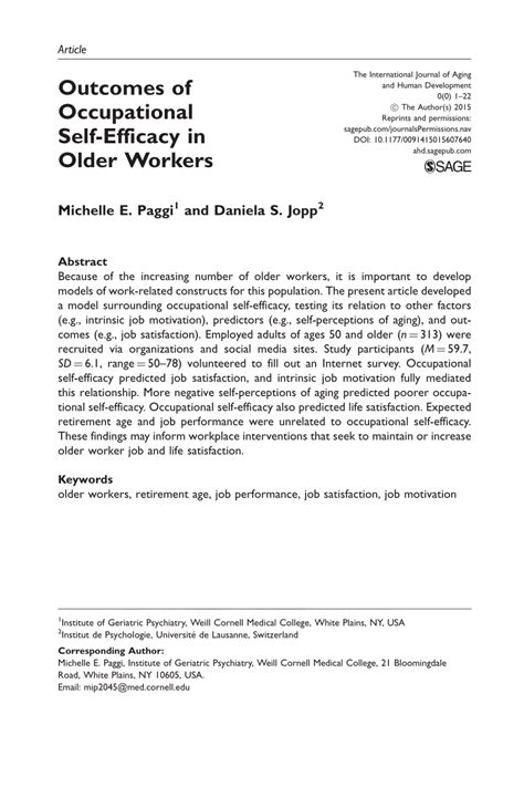 Pdf Outcomes Of Occupational Self Efficacy In Older Workers