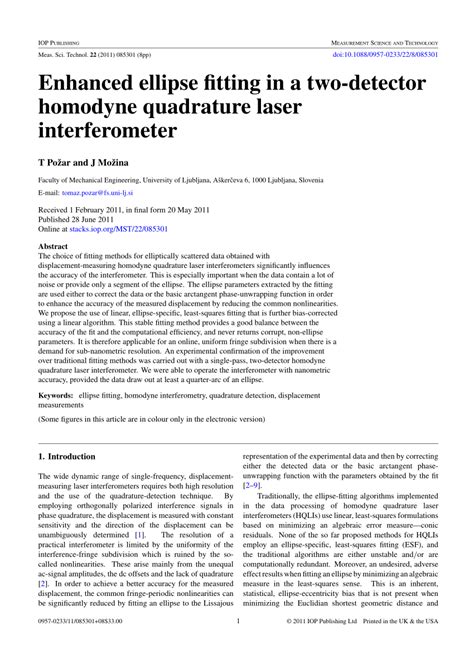 Pdf Enhanced Ellipse Fitting In A Two Detector Homodyne Quadrature Laser Interferometer