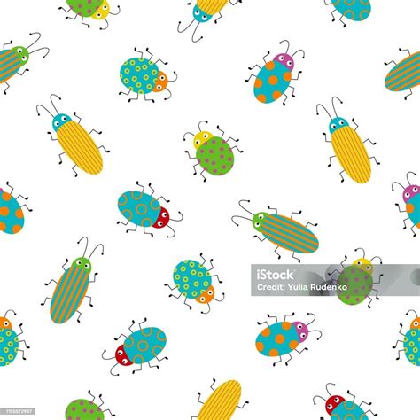 귀여운 다채로운 버그와 완벽 한 패턴입니다 작은 딱정벌레의 밝은 벡터 드로잉입니다 만화 재미 있은 그림 계절에 대한 스톡 벡터