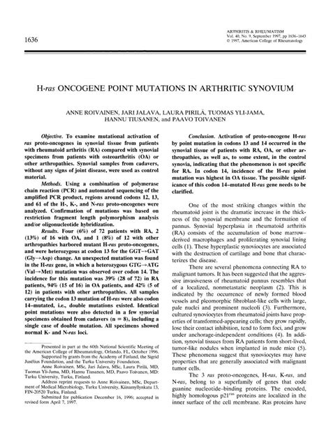 H Ras Oncogene Point Mutations In Arthritic Synovium Digital Article Delivery