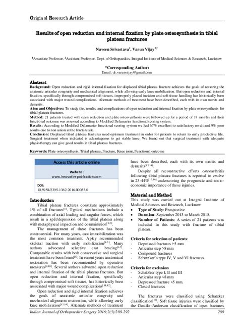 Pdf Results Of Open Reduction And Internal Fixation By Plate Osteosynthesis In Tibial Plateau
