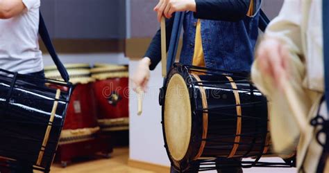 Music Drums And Rhythm With Taiko Group In Studio For Class