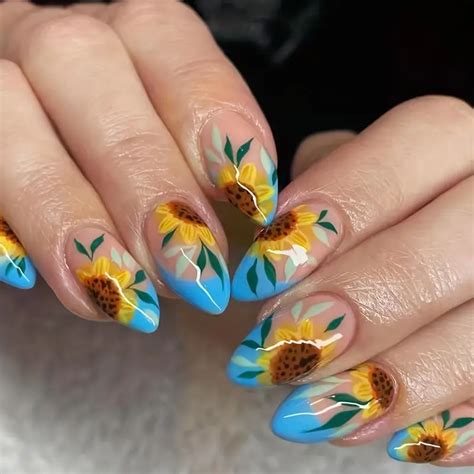 디자인이 있는 시크한 아몬드 모양 프레스온 네일 광택 있는 블루 누드 중간 길이 여름 패션에 완벽 Temu Republic Of Korea