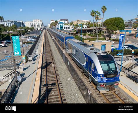 Drone Photo Of Passenger Trains In Oceanside And Del Mar California