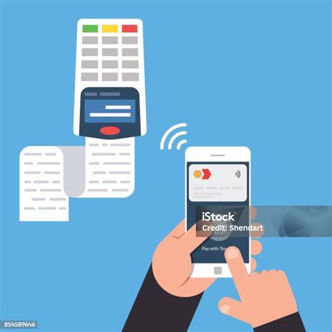 휴대 전화를 사용 하 여 비 접촉 방식에서 결제의 과정 Nfc입니다 평면 벡터 일러스트입니다 개념에 대한 스톡 벡터 아트 및